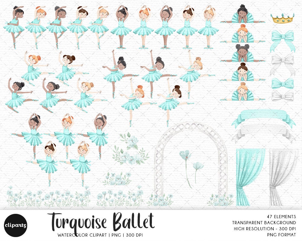 Ballerina Watercolor Clipart Turquoise Ballet Graphics Tutu - Etsy