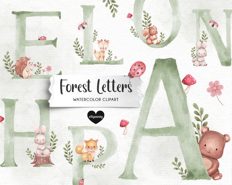 Woodland Alphabet Watercolor Clipart Animal Letter Clipart - Etsy