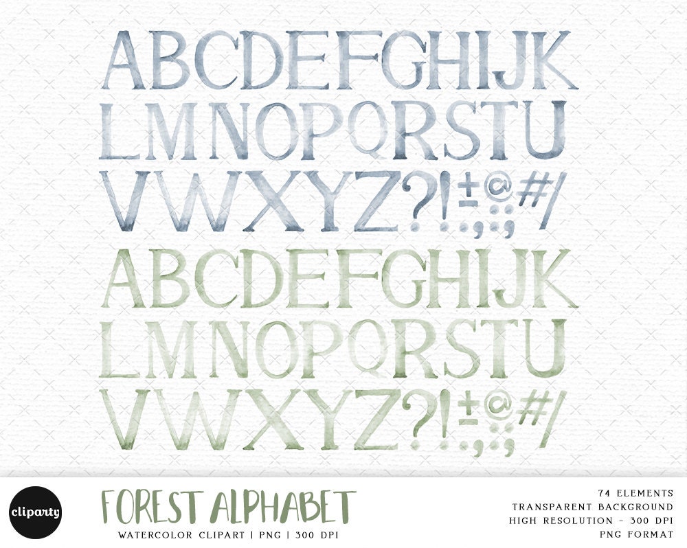 Watercolor Alphabet Clipart, Sage Green and Dust Blue Designs for Baby ...