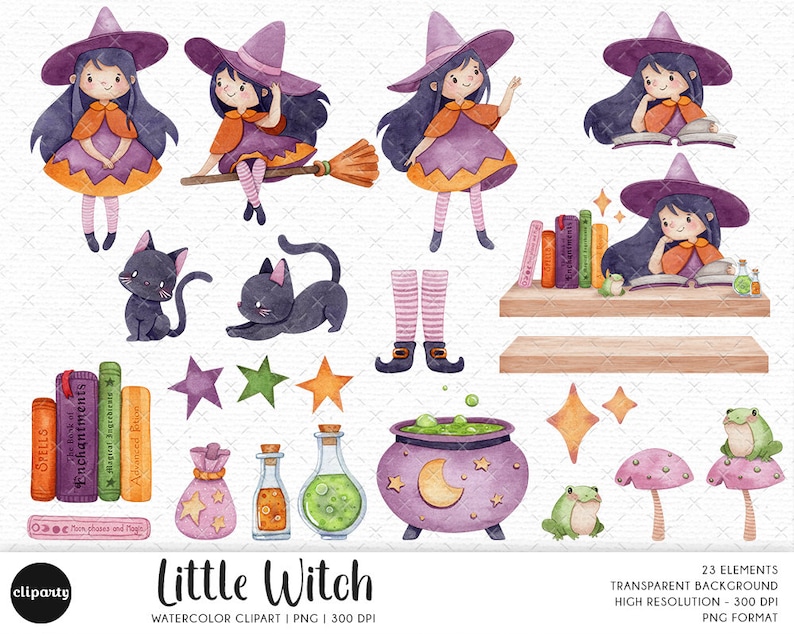 Halloween Clipart Watercolor Cute Witch PNG for Commercial - Etsy