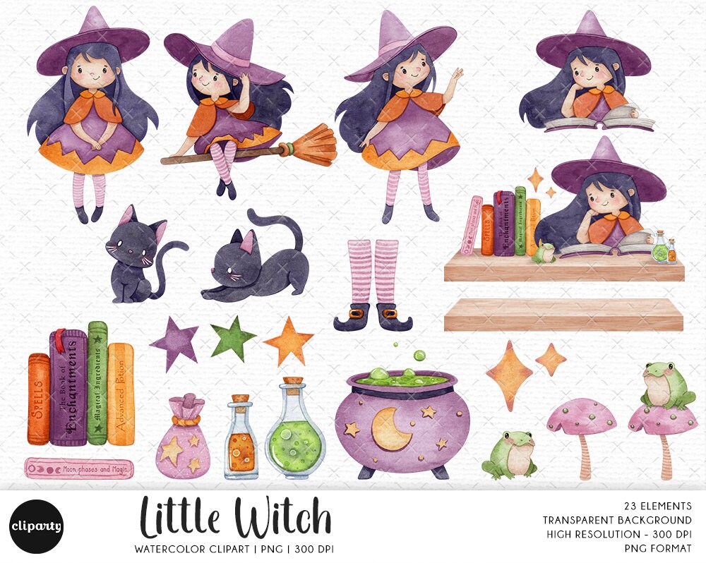 Halloween Clipart Watercolor Cute Witch PNG for Commercial - Etsy