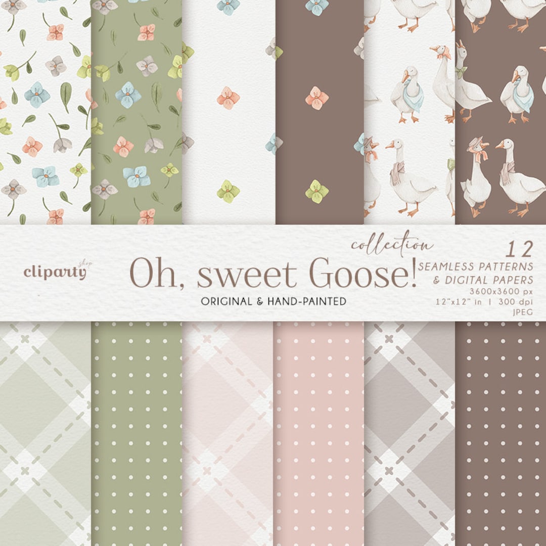 Goose Pattern, Cottagecore Scrapbook Papers, Watercolor Seamless ...