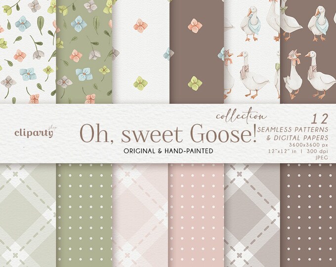 Goose Pattern, Cottagecore Scrapbook Papers, Watercolor Seamless ...