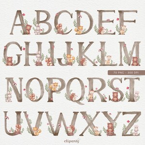 Woodland Alphabet Neutral Watercolor Clipart, Animal Letter Clipart ...