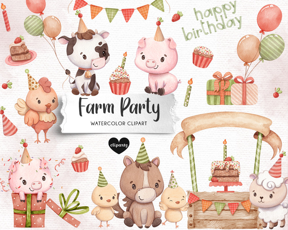 Farm Birthday Clipart, Watercolor Clipart for Commercial Use, Farm ...