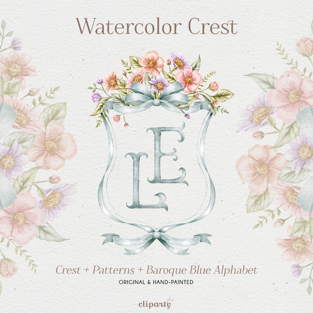 Watercolor Crest Wedding Blue Monogram Clipart, Initial Letters PNG ...