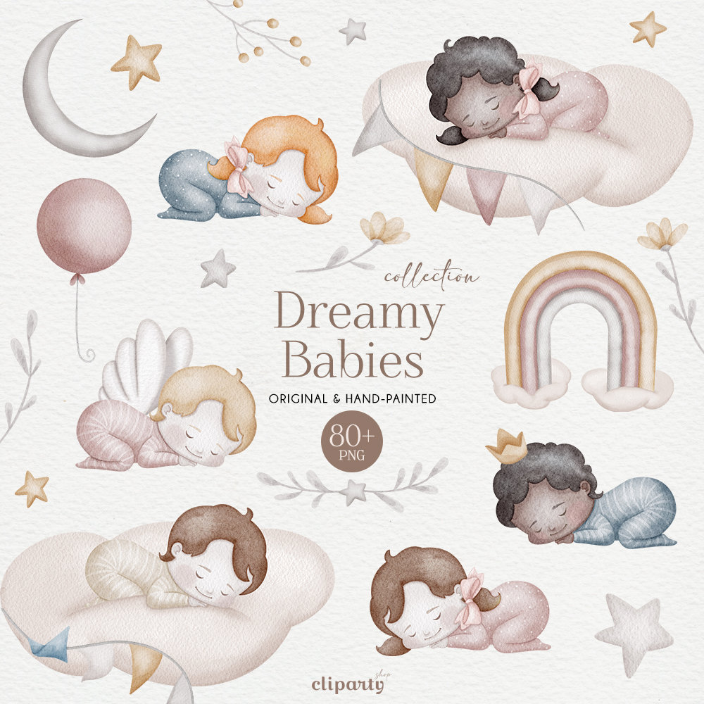 Baby Dreaming Watercolor Clipart for Commercial Use, Cute Sleeping ...