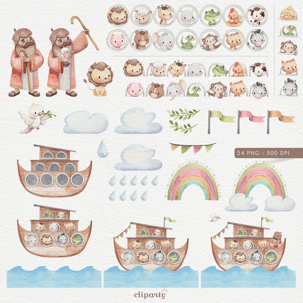 Noah's Ark Clipart, Watercolor Cute Baby Animals, Christian Nursery ...