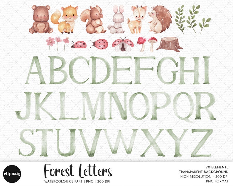 Woodland Alphabet Watercolor Clipart Animal Letter Clipart - Etsy