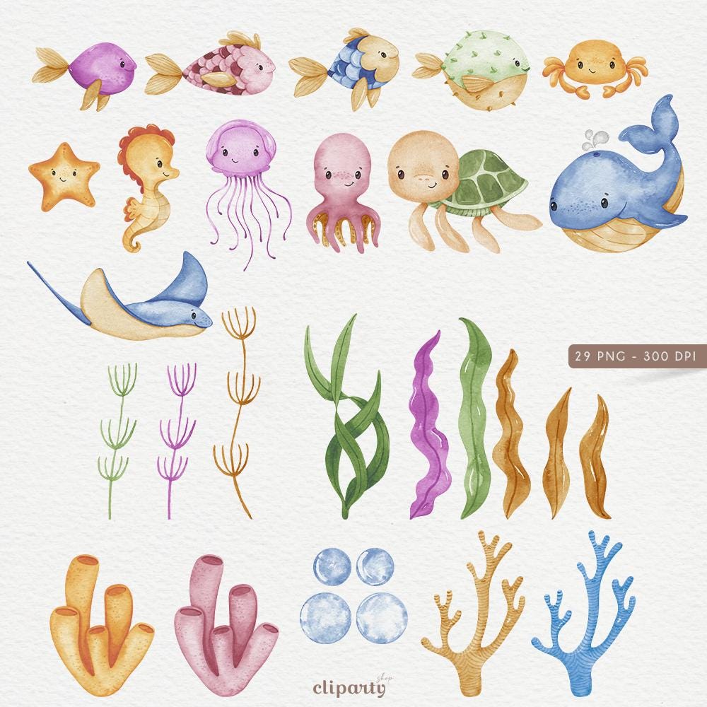Ocean Animals Clipart, Sea Animals Watercolor Clipart, Watercolor Ocean ...