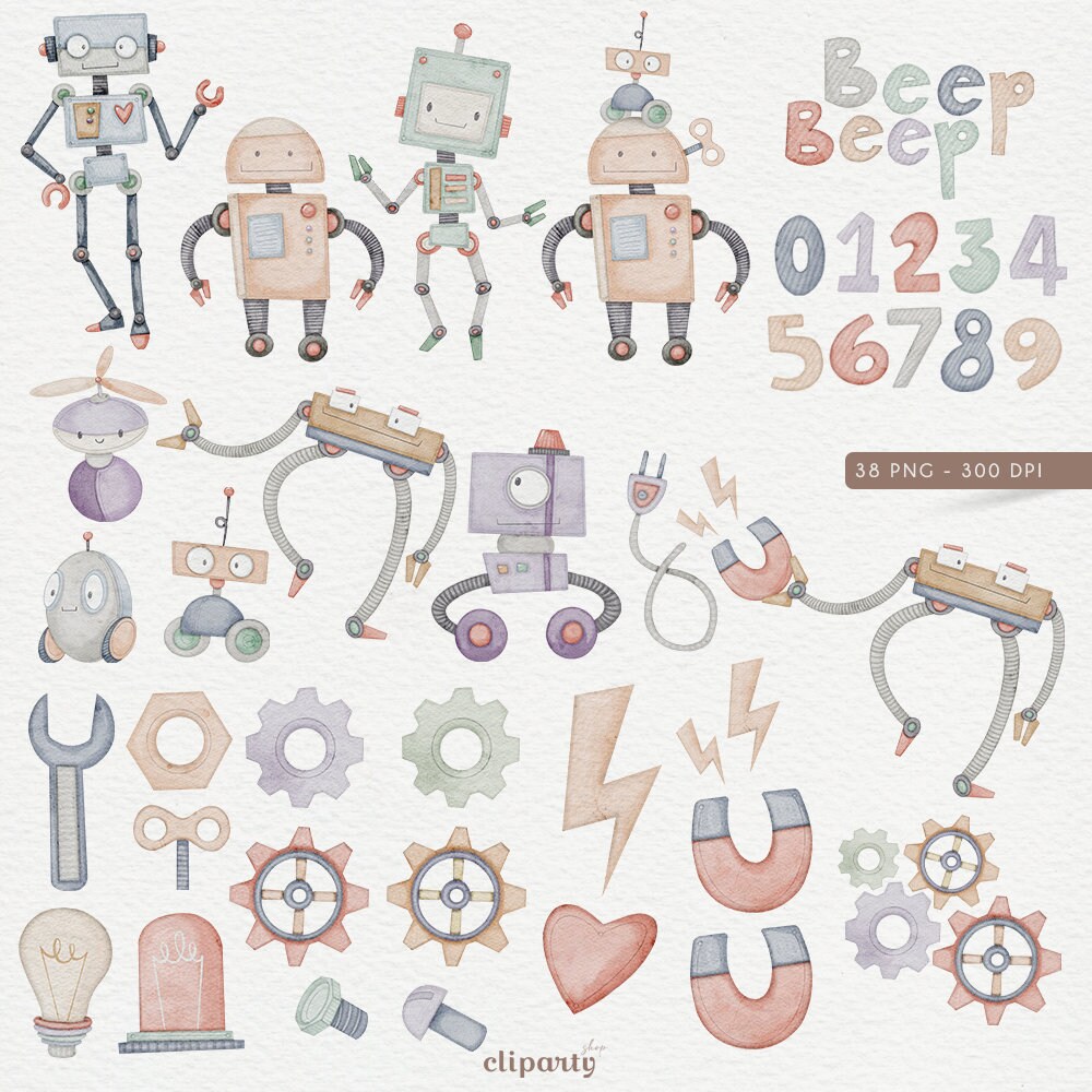 Cute Robots Clipart, Watercolor Robotic Cliparts, Boys PNG for ...