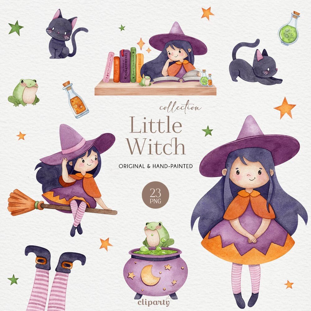 Halloween Clipart, Watercolor Cute Witch, PNG for Commercial Use ...