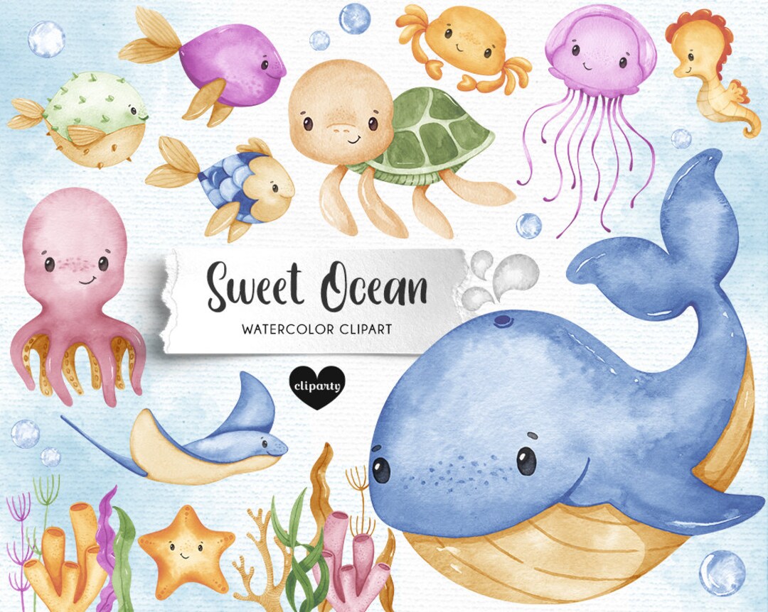 Ocean Animals Clipart, Sea Animals Watercolor Clipart, Watercolor Ocean ...