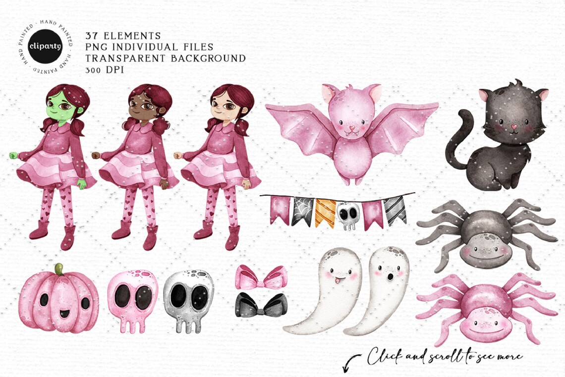 Pink Halloween Watercolor Clipart Halloween Graphics for - Etsy