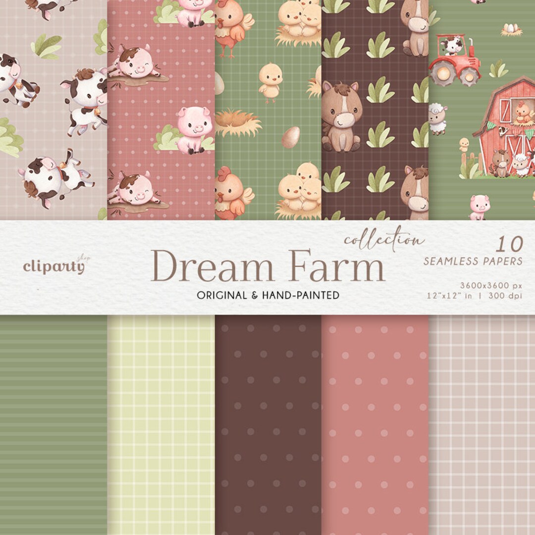 Baby Farm Animals Scrapbook Papers, Watercolor Seamless Patterns, Farm ...