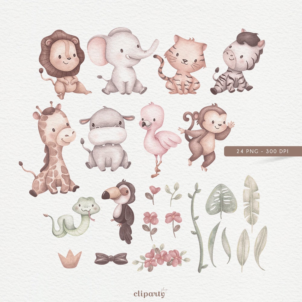 Watercolor Safari Animals Clipart Baby Jungle Animals PNG - Etsy