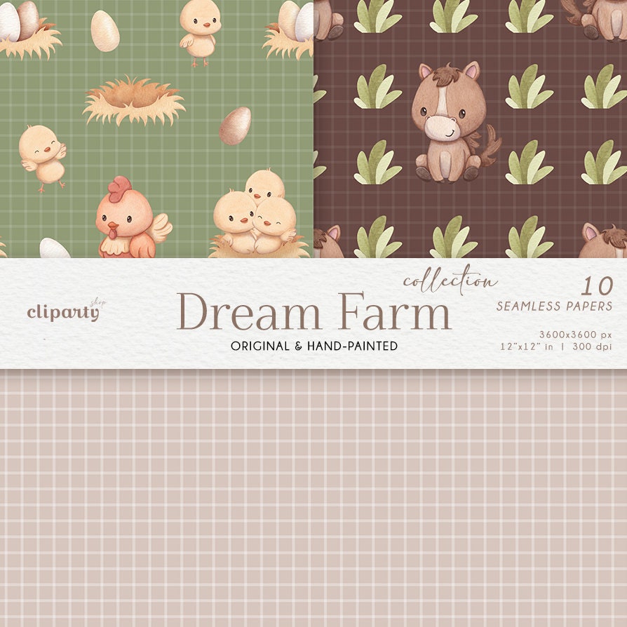 Baby Farm Animals Scrapbook Papers, Watercolor Seamless Patterns, Farm ...