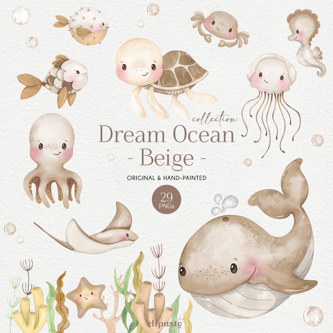 Ocean Animals Watercolor Clipart, Neutral Color Sea Animals, Beige ...