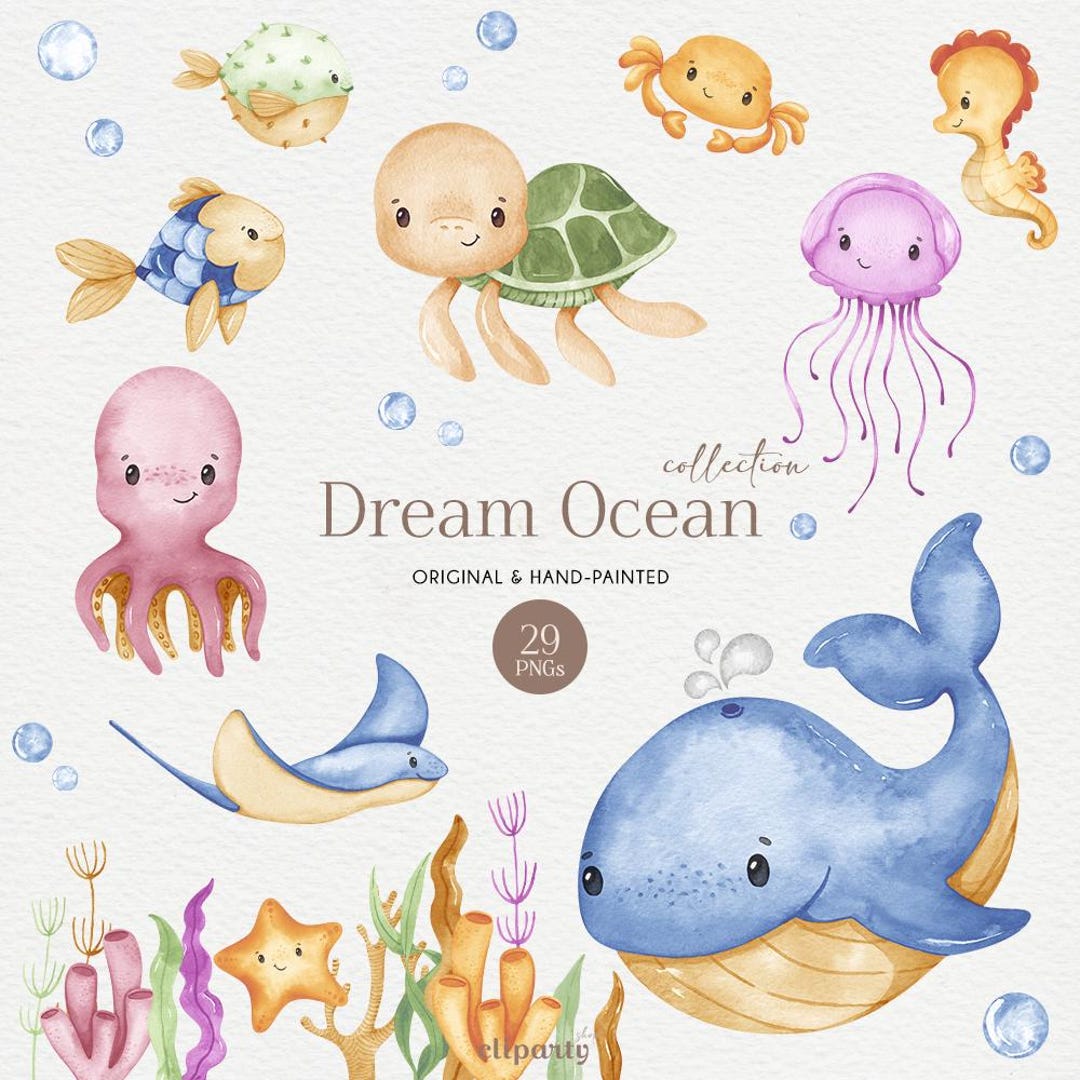 Ocean Animals Clipart, Sea Animals Watercolor Clipart, Watercolor Ocean ...