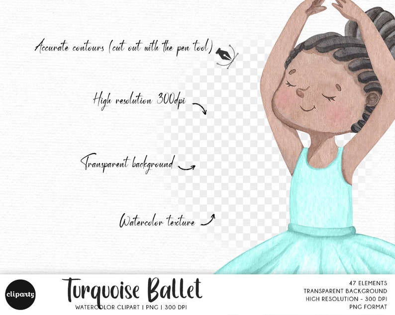 Ballerina Watercolor Clipart Turquoise Ballet Graphics Tutu - Etsy