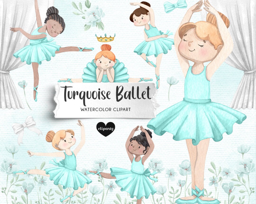 Ballerina Watercolor Clipart Turquoise Ballet Graphics Tutu - Etsy