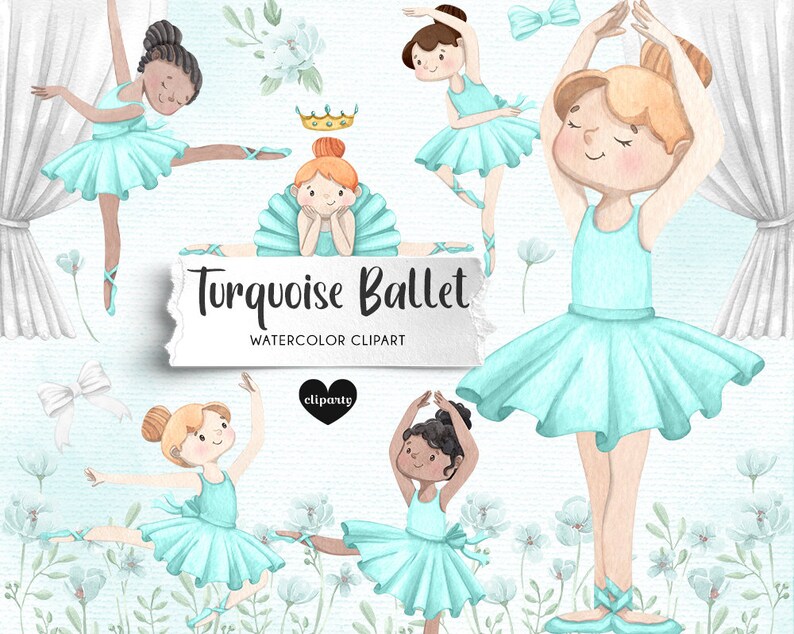 Ballerina Watercolor Clipart Turquoise Ballet Graphics Tutu - Etsy