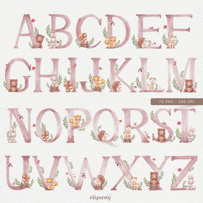Woodland Pink Alphabet Watercolor Clipart, Animal Letter Clipart, Cute ...