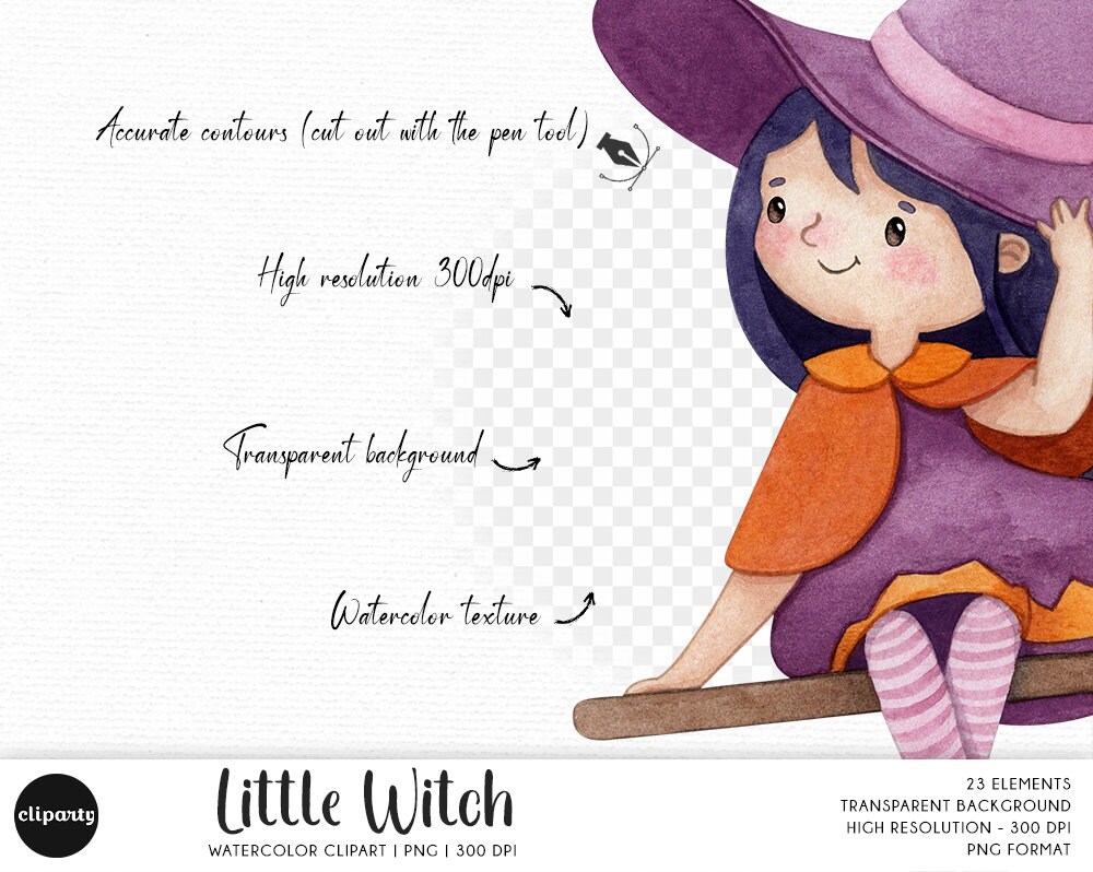 Halloween Clipart Watercolor Cute Witch PNG for Commercial - Etsy