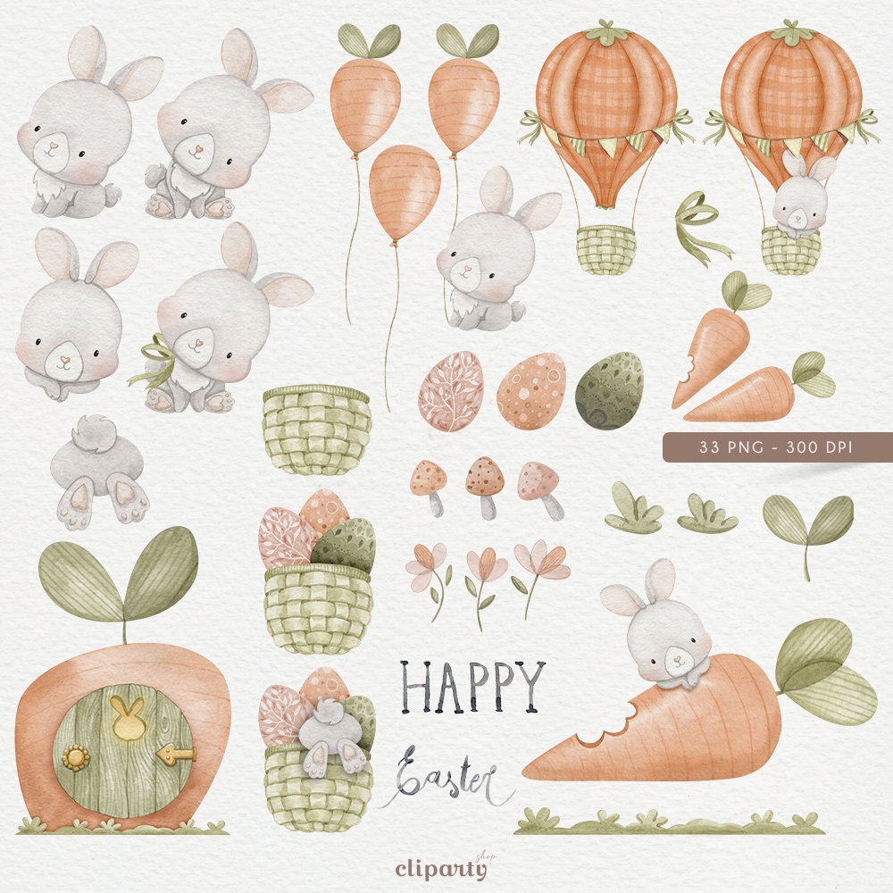 Watercolor Easter Clipart Pastel Colors Spring Bunny Clipart Set for ...