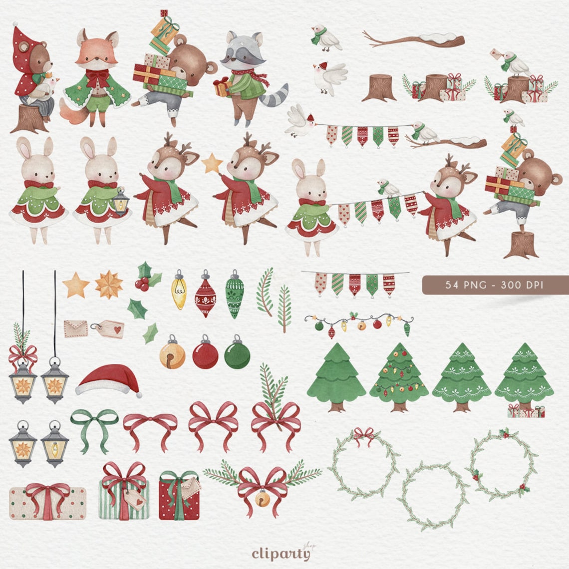 Christmas Watercolor Clipart, Cute Woodland Xmas, Winter Forest PNG ...