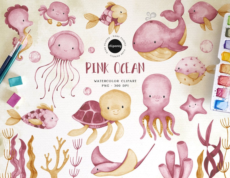 Pink Sea Animals Clipart Sea Animals Watercolor Clipart - Etsy