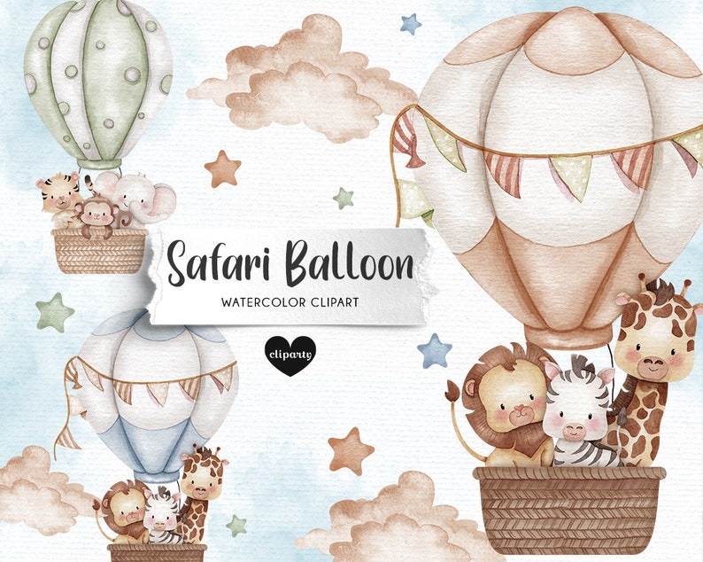 Safari Animals Hot Air Balloon Clipart Safari Baby Shower - Etsy