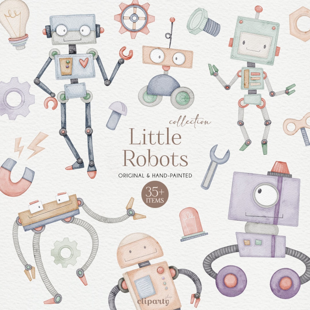 Cute Robots Clipart, Watercolor Robotic Cliparts, Boys PNG for ...