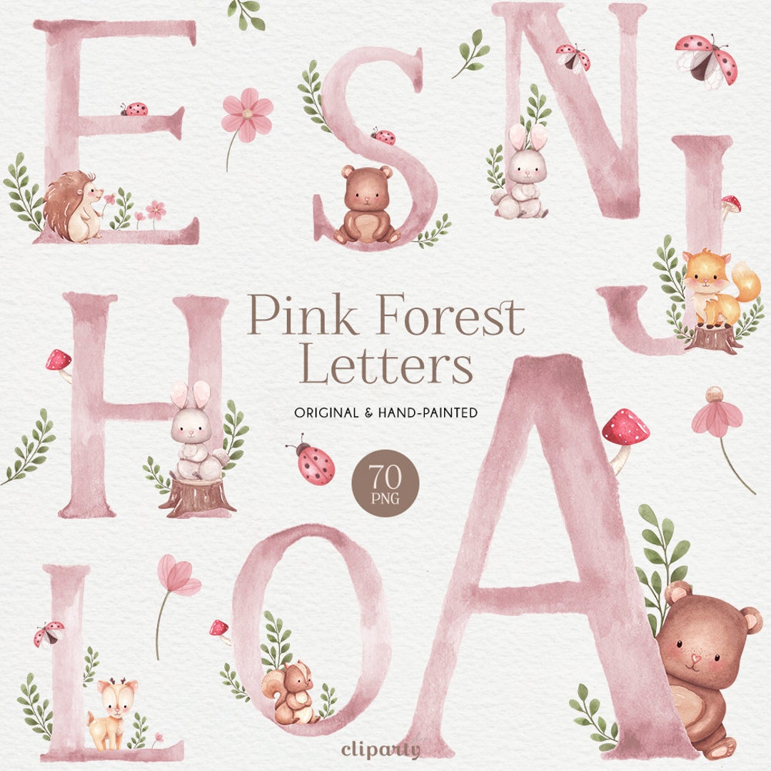 Woodland Pink Alphabet Watercolor Clipart, Animal Letter Clipart, Cute ...