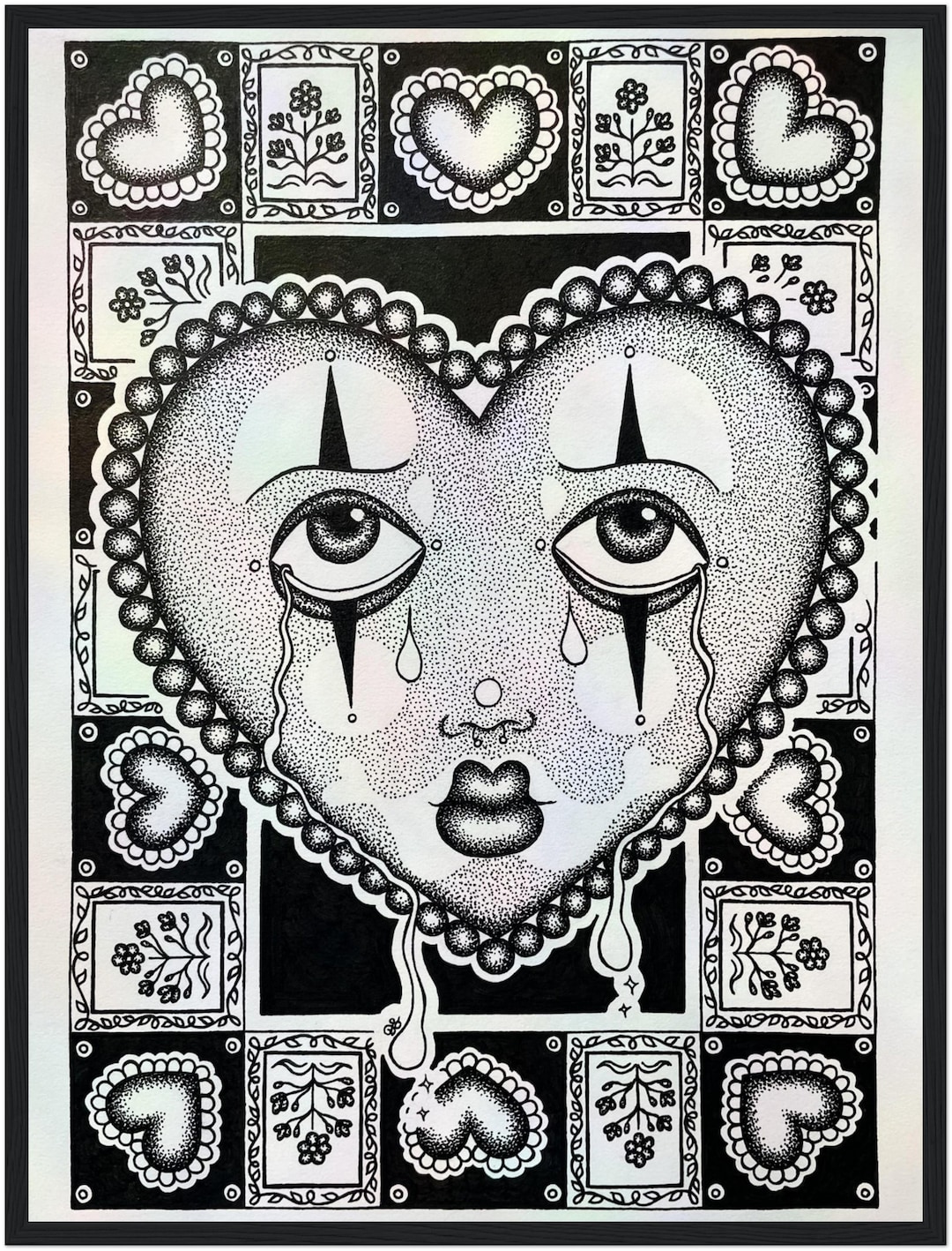 Sad Clown Makeup Heart Original Fine Art Print, Pattern, Stipple, Dots ...
