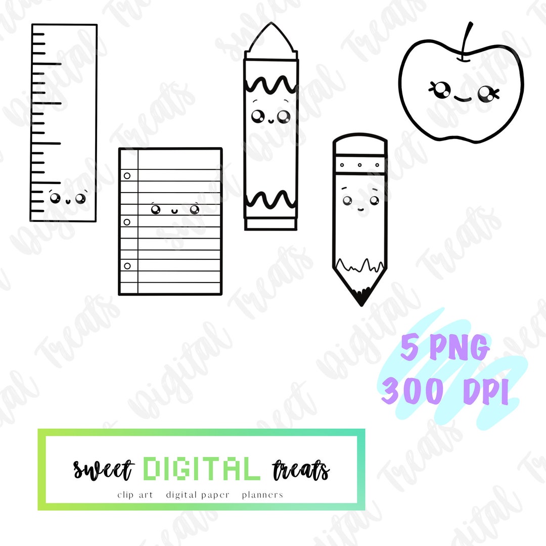 School Supply Digital Stamps, Cute School Supply Digital Stamps, Kawaii ...