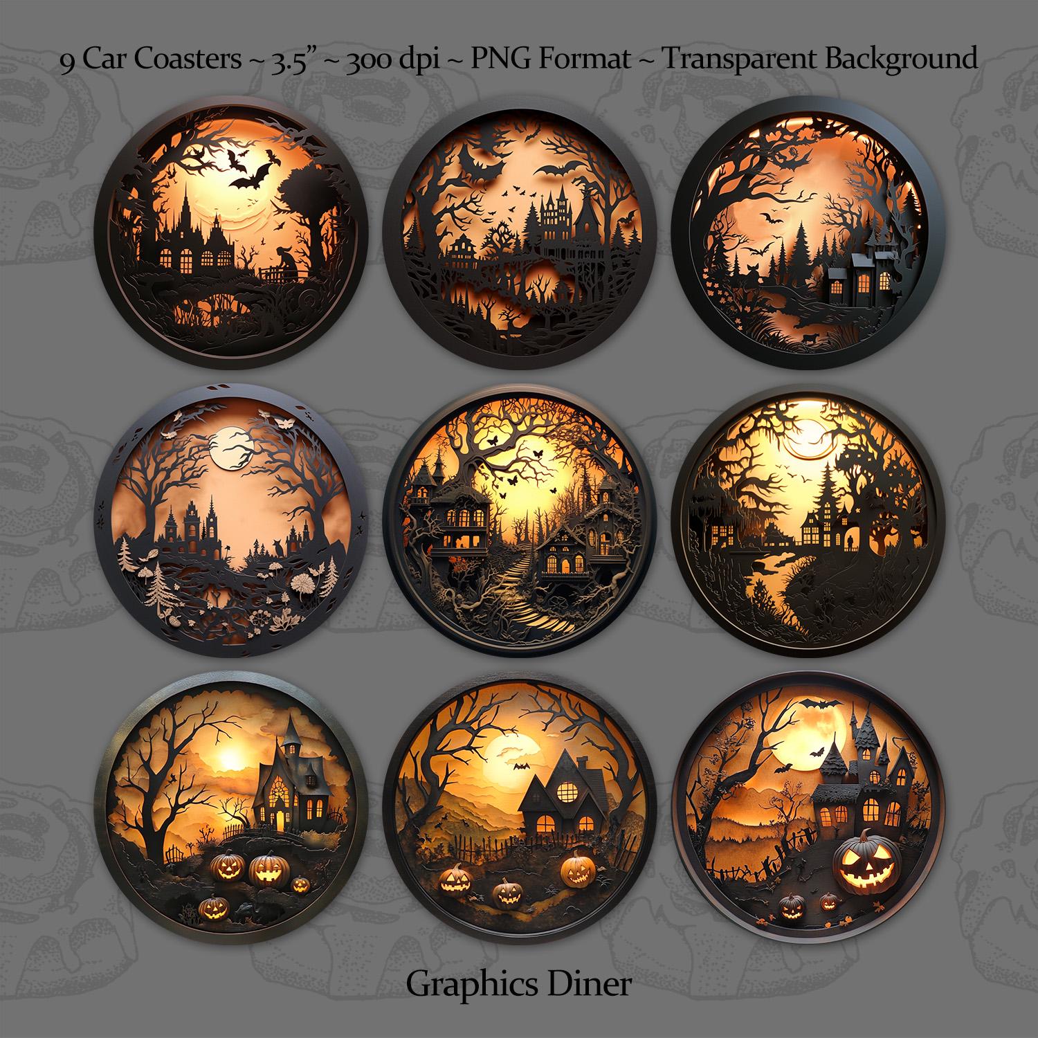 Halloween Shadow Box Style Scene Car Coaster Sublimation PNG Designs ...