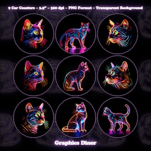 Neon Cat Car Coaster Sublimation Designs 300 Dpi Transparent Background ...