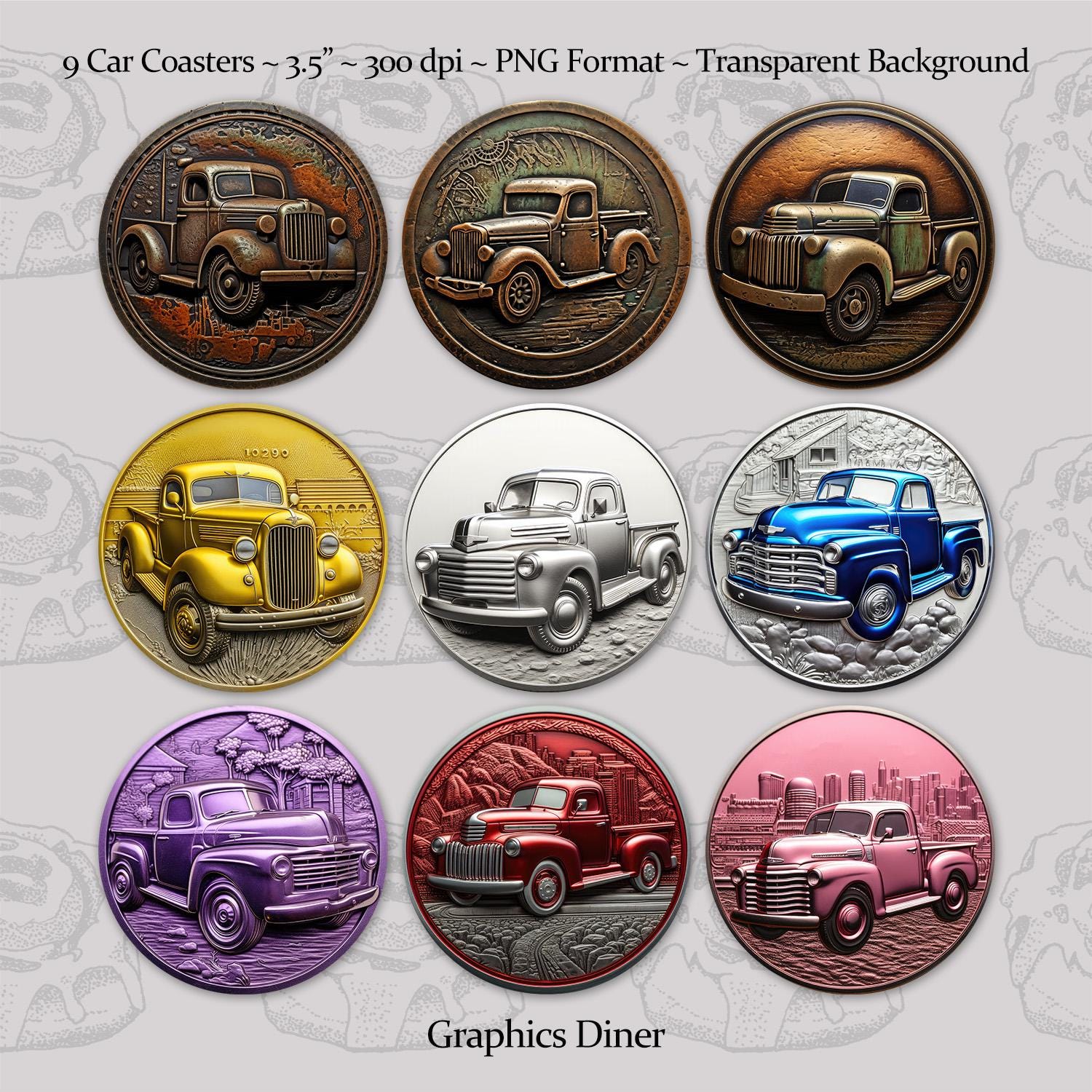 Metal Classic Pickup Car Coaster Sublimation PNG Designs Faux Metal ...