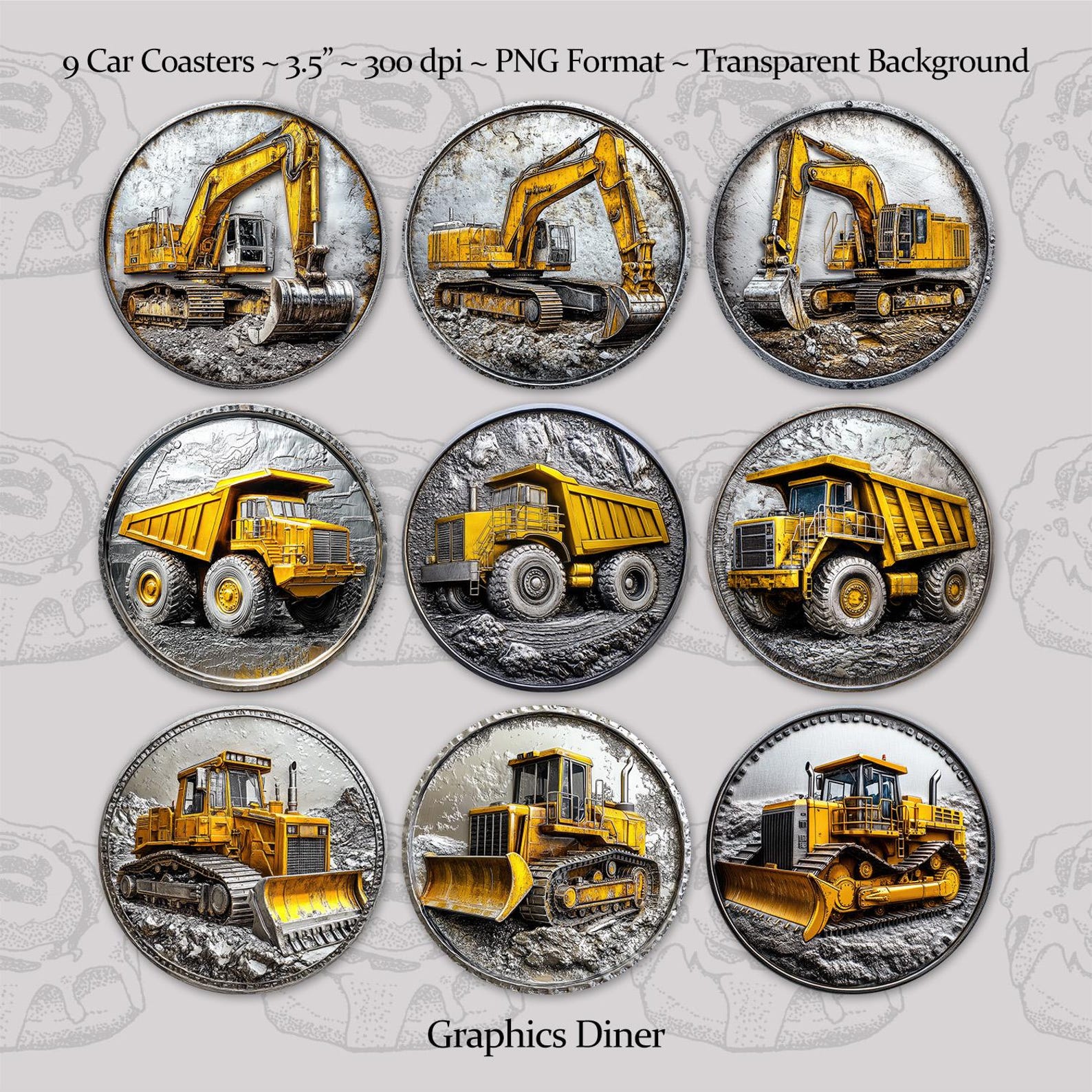 Metal Construction Machines Car Coaster Sublimation PNG Designs Faux ...