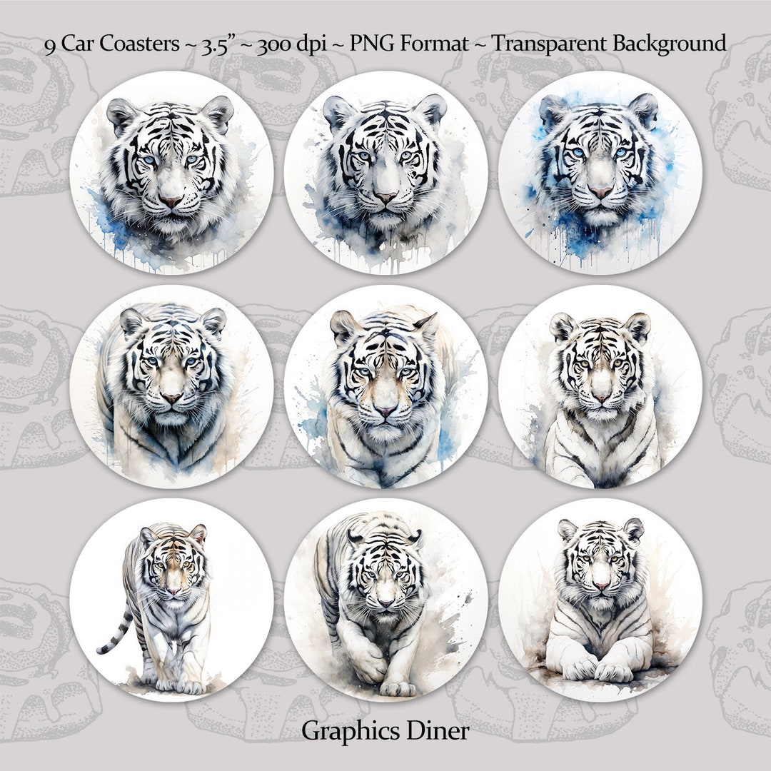 White Tiger Car Coasters PNG Transparent Background 3.5 Inch 300 DPI ...