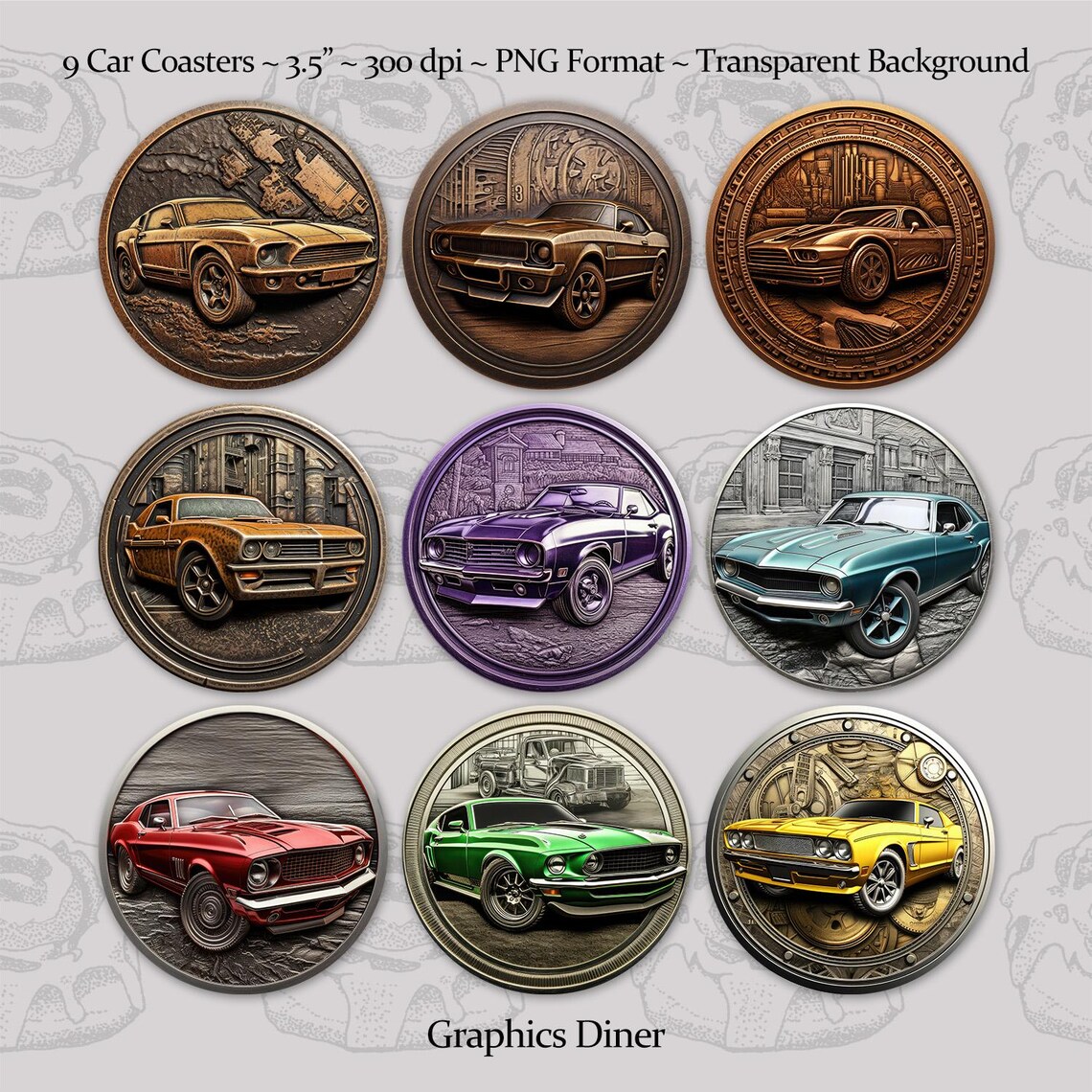 Metal Muscle Cars Car Coaster Sublimation PNG Designs Faux Metal Coins ...
