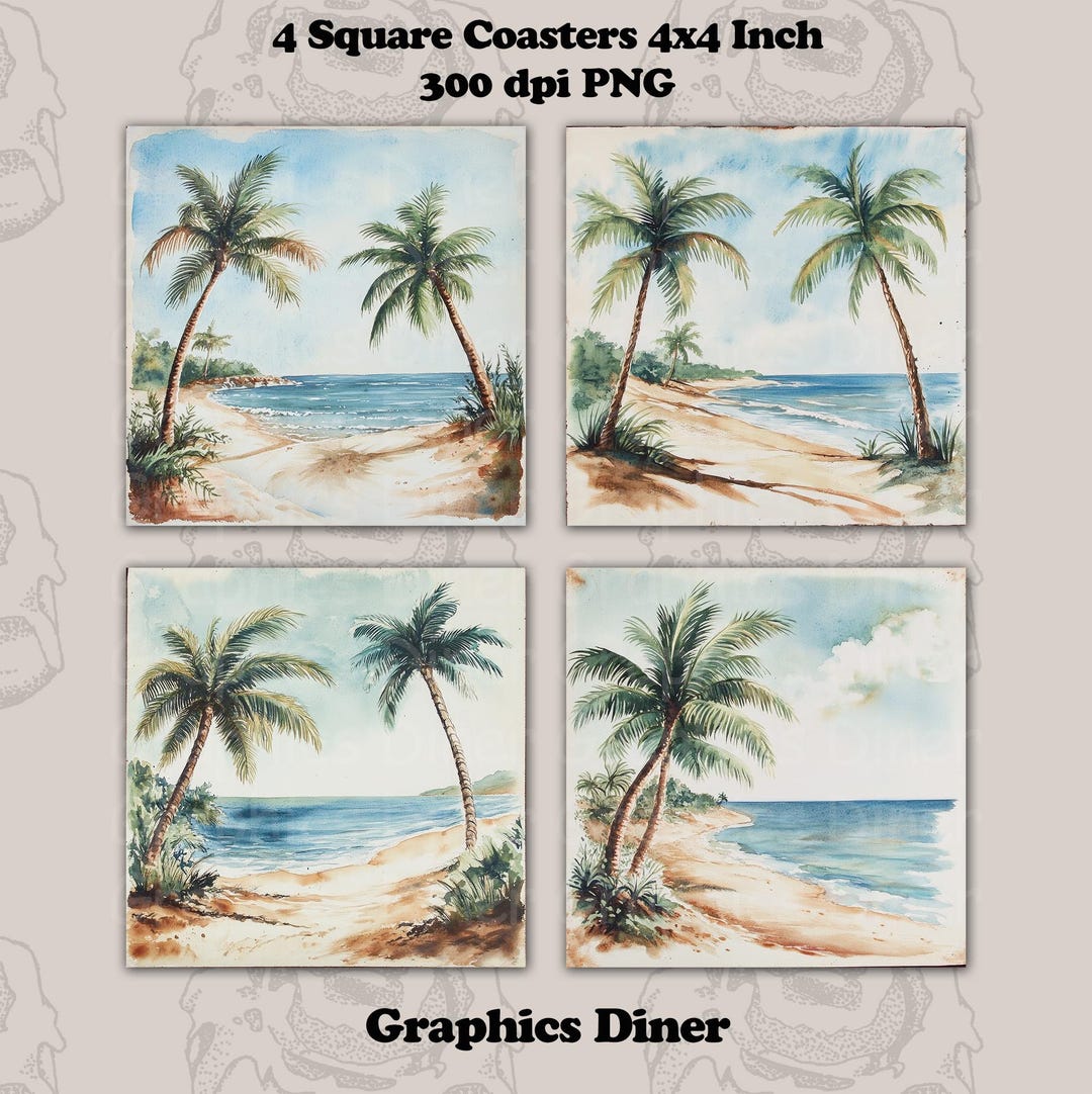 Beach Scene Vintage Style Coaster PNG Designs: Square Sublimation ...
