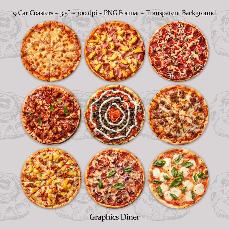 Realistic Pizza Car Coaster Sublimation Design Set of 9 Pngs 3.5 Inch ...
