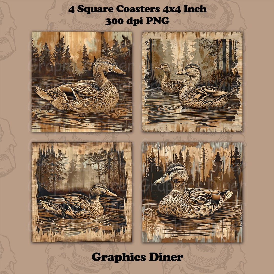 Faux Wood Etched Ducks Box Square Coaster Sublimation PNG Designs ...