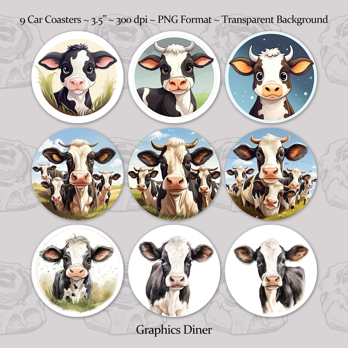 Cows Car Coasters PNG Transparent Background 3.5 Inch 300 DPI ...