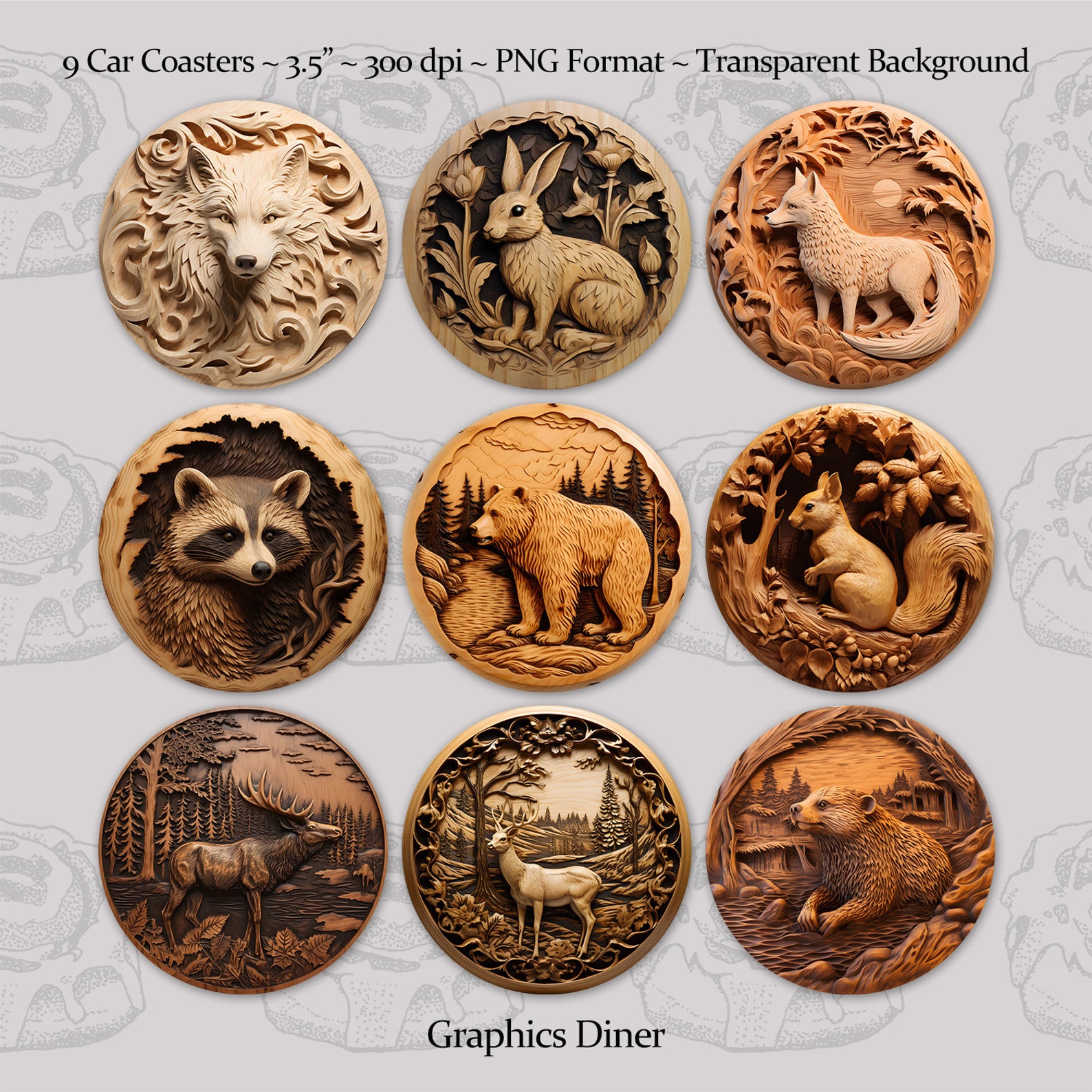 Woodland Wood Carving Car Coaster Sublimation PNG Designs Faux Carving ...