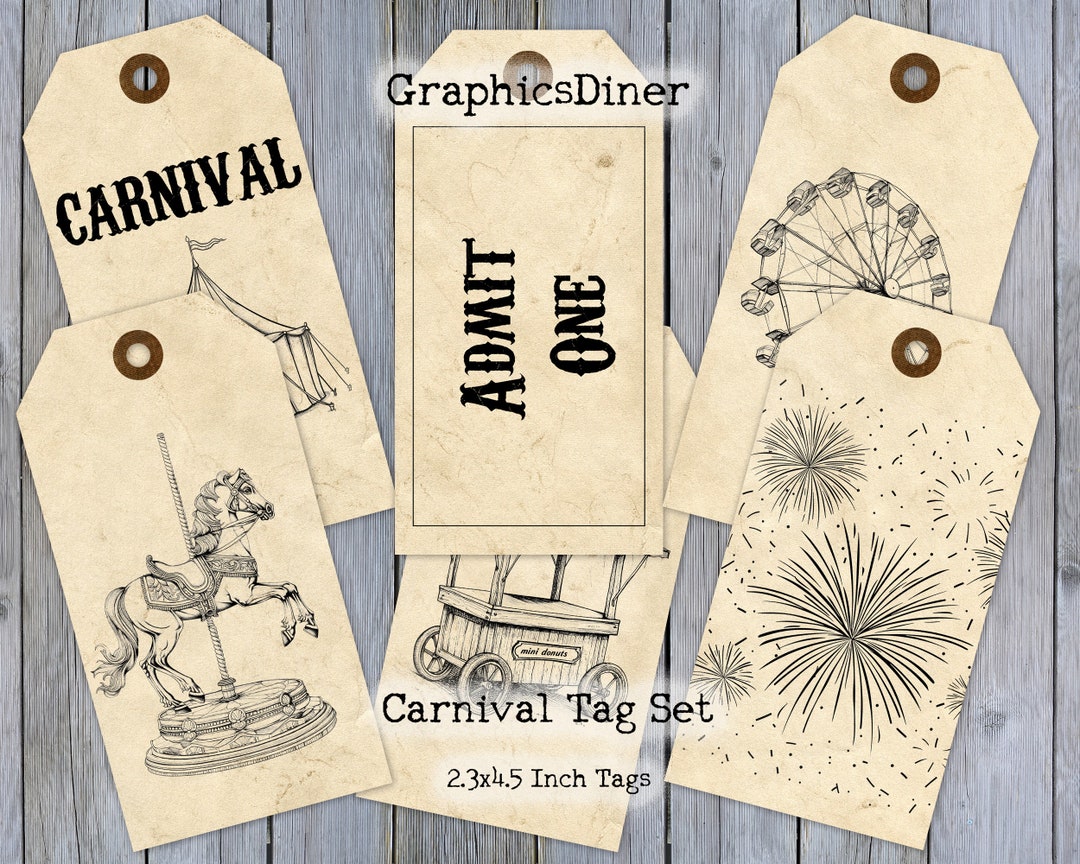 Printable Vintage Carnival Tag Set Junk Journal Ephemera 2.3X4.5 Inch ...