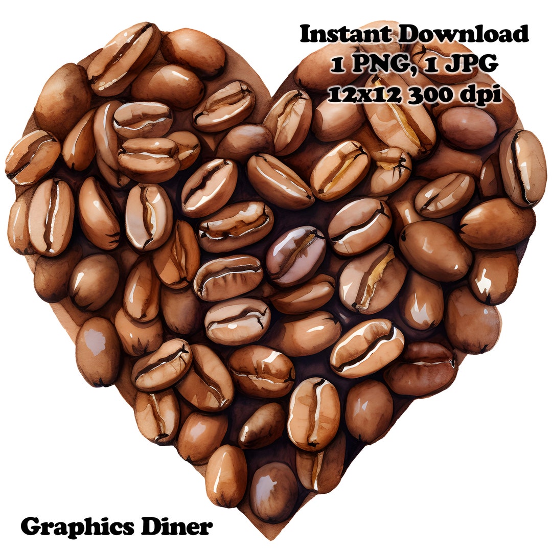 Watercolor Coffee Bean Heart Clipart: Sublimation PNG JPG (digital ...