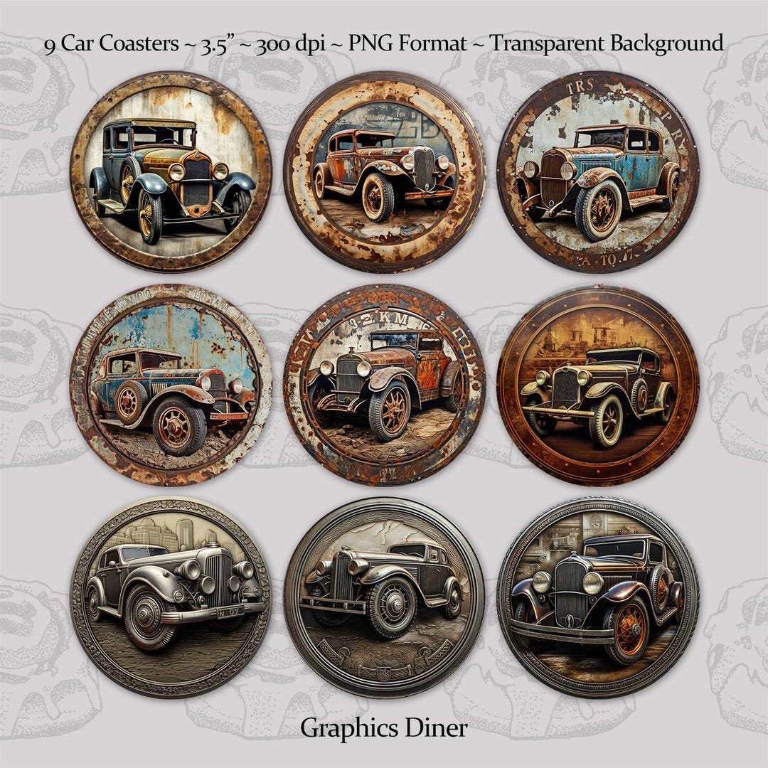 Metal Classic Cars Car Coaster Sublimation PNG Designs Faux Metal Coins ...